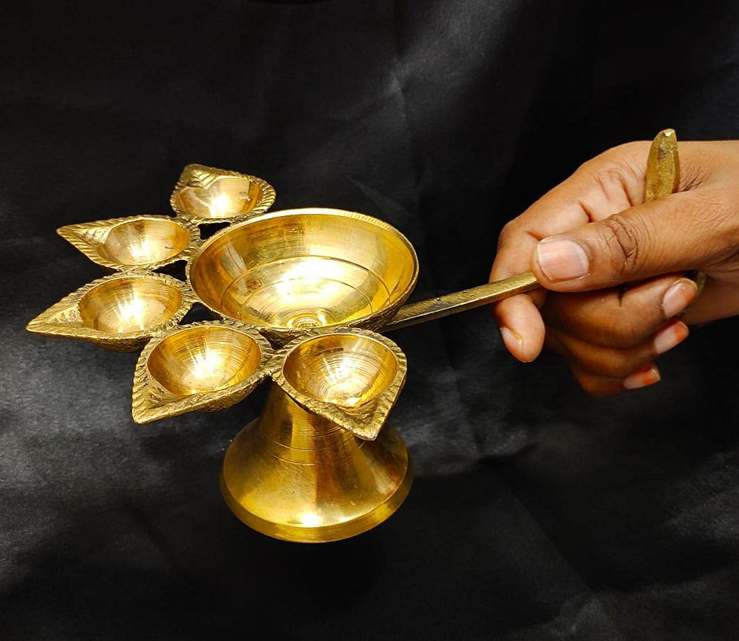 Indian Traditional Pure Brass Panch Deepak Aarti Oil Lamp for Pooja Ma ...