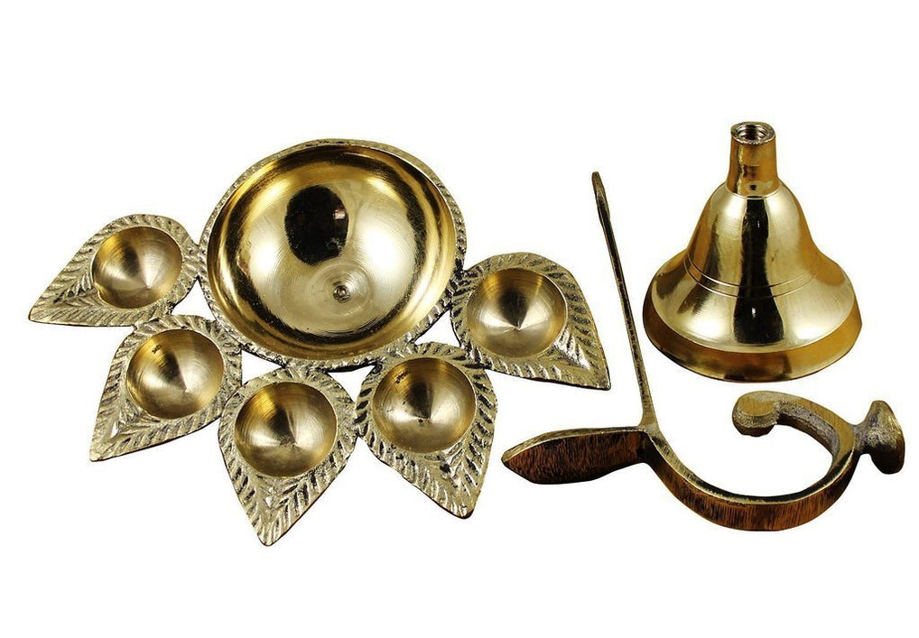 Indian Traditional Pure Brass Panch Deepak Aarti Oil Lamp for Pooja Ma ...